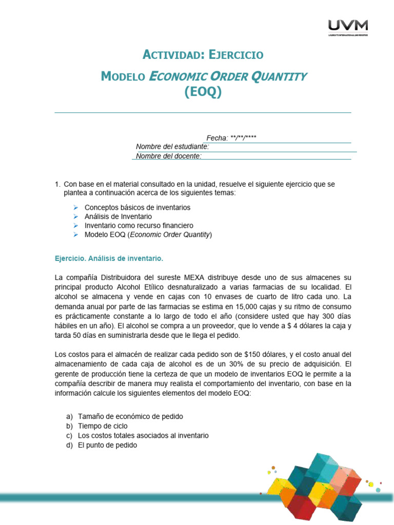 Ejercicio de Modelo EOQ en Inventarios | PDF | Inventario | Contabilidad de gestión
