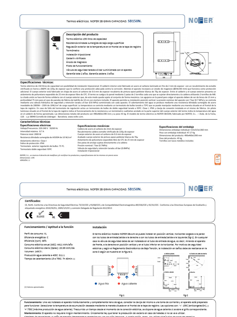 Ficha Tecnica Termo Electrico 150 Litros Nofer SB 150 N Triposicional | PDF | Tornillo | Acero