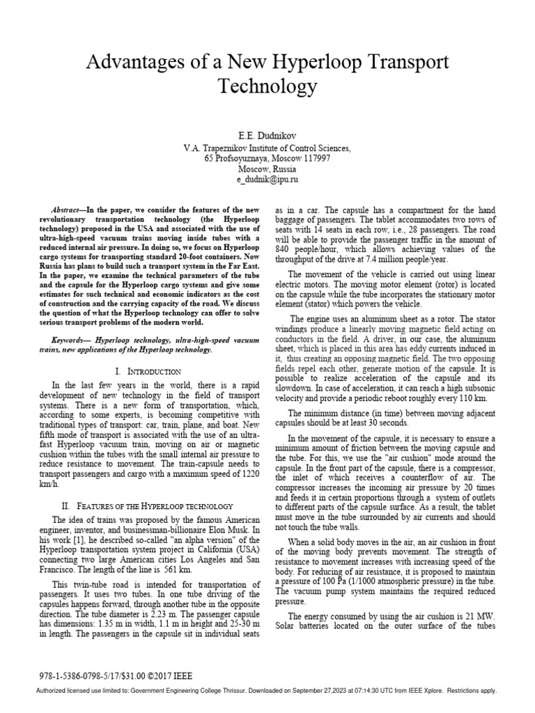 Advantages Of A New Hyperloop Transport Technology Pdf