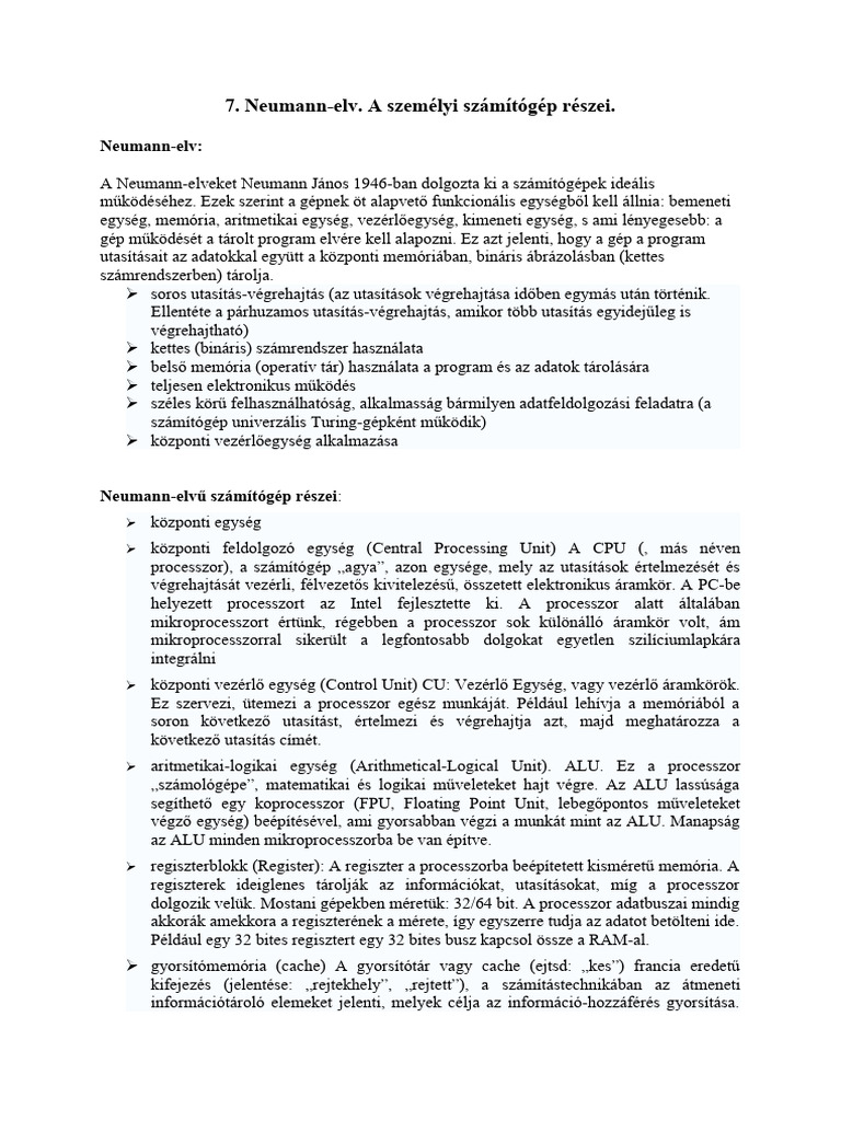 Neumann-Elv. A Személyi Számítógép Részei. | PDF