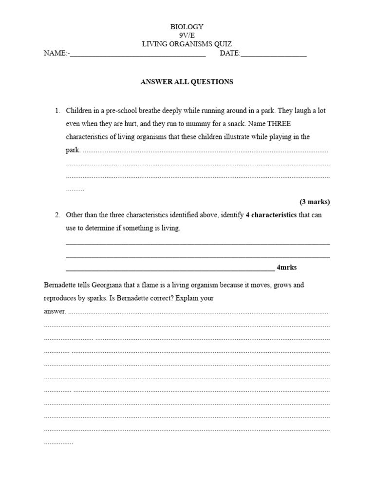 Living Organisms Quiz 1 | PDF
