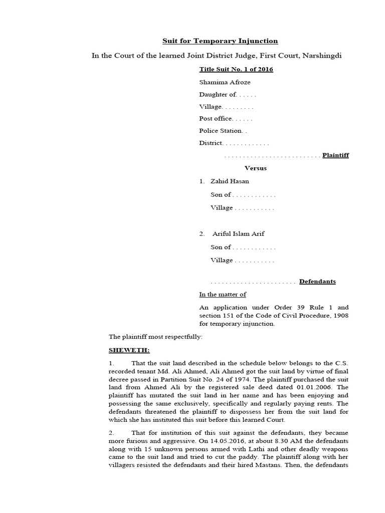 Suit For Temporary Injunction - Final | PDF | Lawsuit | Justice