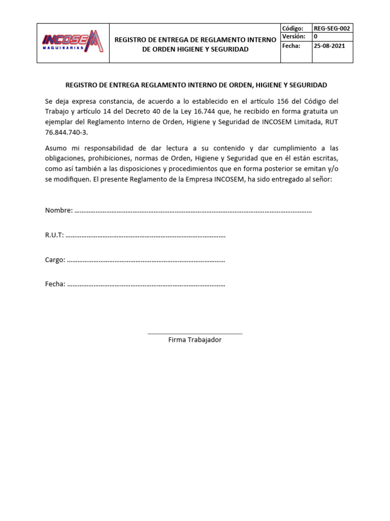Registro de Entrega Reglamento Interno de Orden | PDF