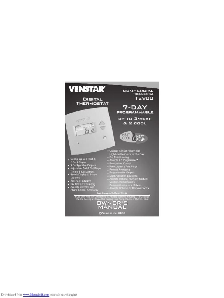 Venstar T2900 Thermostat Manual | PDF | Thermostat | Mechanical Engineering