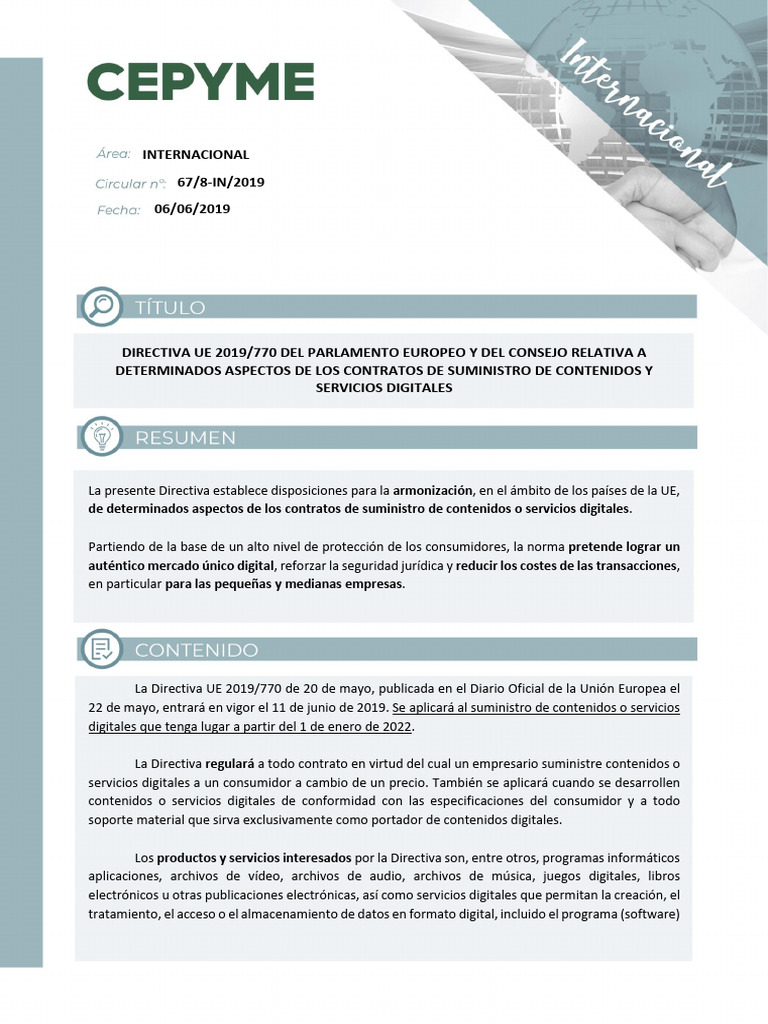 67 - 8 in 2019. Directiva Ue 2019-770 Aspectos de Contratos de ...