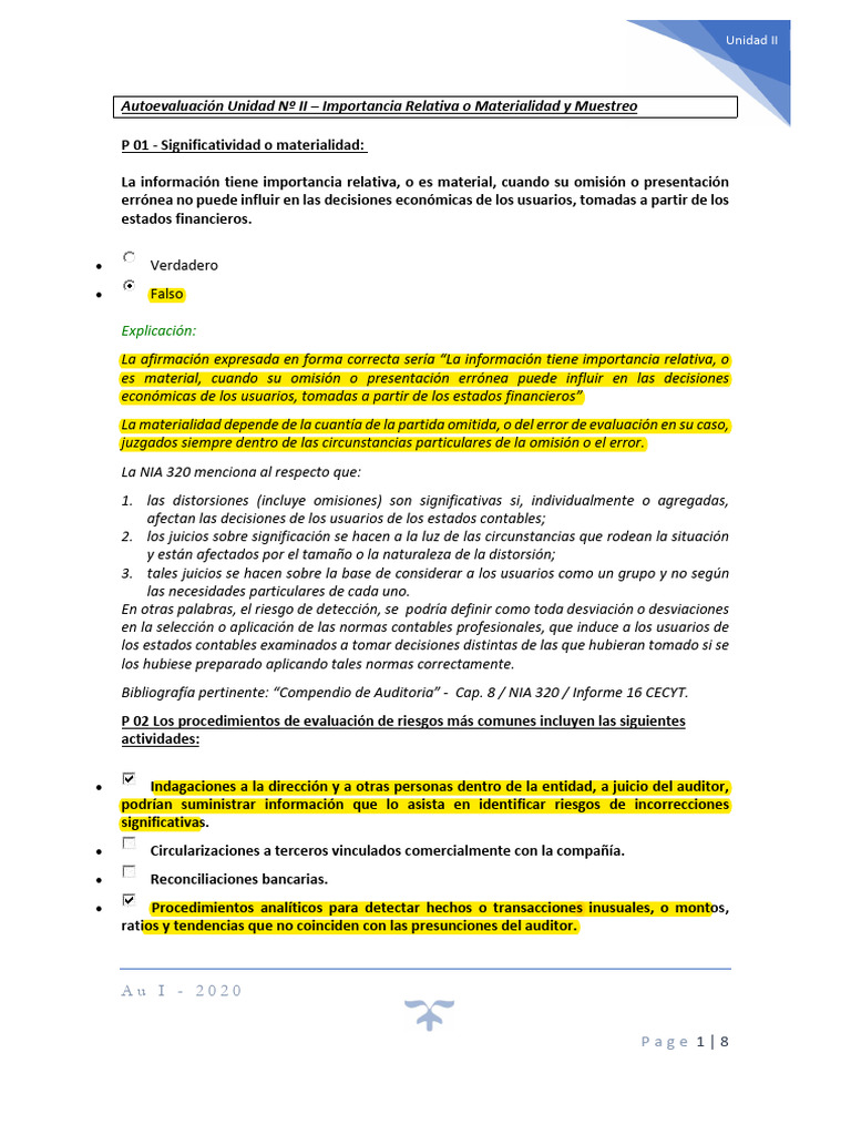 Autoevaluacion - U - II - Materialidad - y - Muestreo - Preguntas - y - Respuestas - 1 | PDF ...