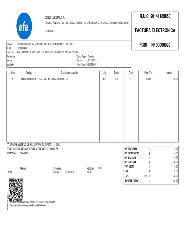 R.U.C. 20141189850 Factura Electronica: Conecta Retail S.A | PDF ...
