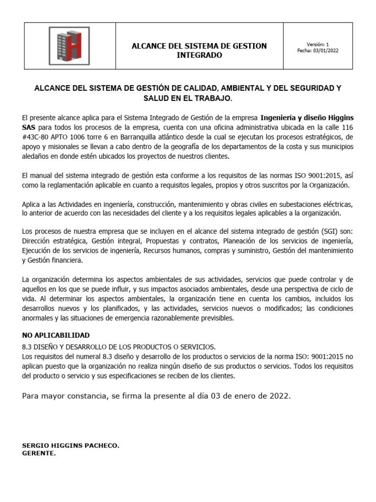 Determinación Del Alcance Del Sistema de Gestion de La Calidad y No Aplicabilidad | PDF ...