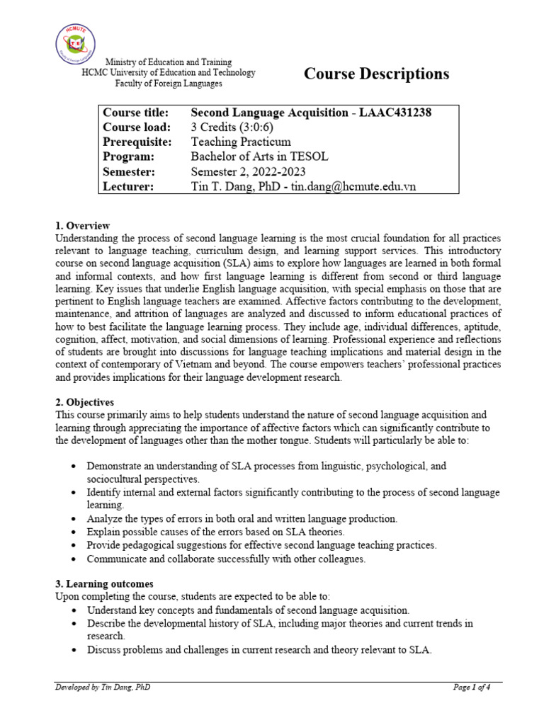 Course Outline SLA | PDF | Second Language Acquisition | Language Acquisition