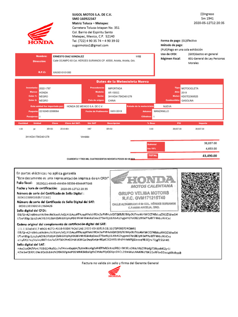 Factura Original Moto Honda XR 150 | PDF | Transporte | Motociclismo