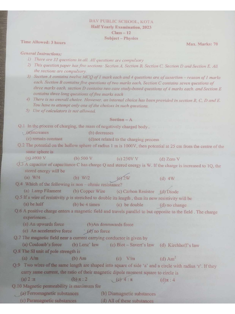 Dav Half Yearly Paper Physics | PDF