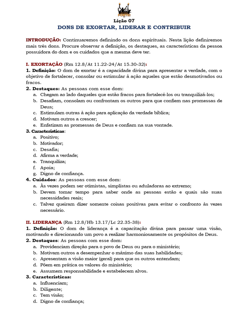 07 - Dons de Exortar, Liderar e Contribuir | PDF | Liderança | Presente ...
