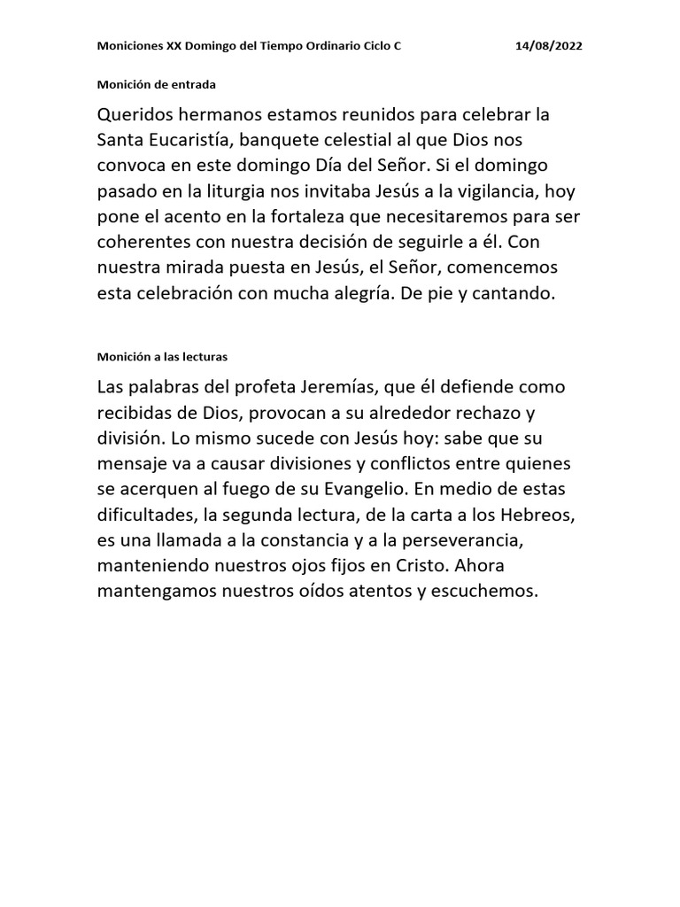 Moniciones XX Domingo Del Tiempo Ordinario Ciclo C | PDF | Misa (liturgia) | Cristo (título)
