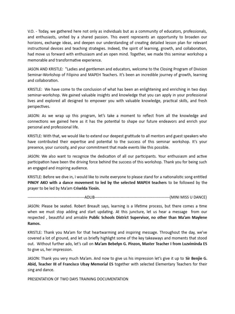 Emcee Script For Closing Program | PDF | Teachers | Behavior Modification