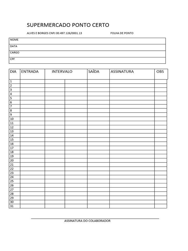 Supermercado Ponto Certo Folha de Ponto | PDF