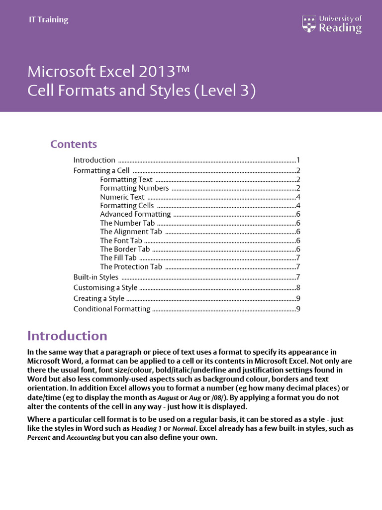 Excel 2013 Cell Formats, Styles (Level3) | PDF