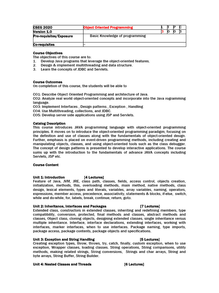 Oops Java Syllabus Pdf Object Oriented Programming Class Computer Programming