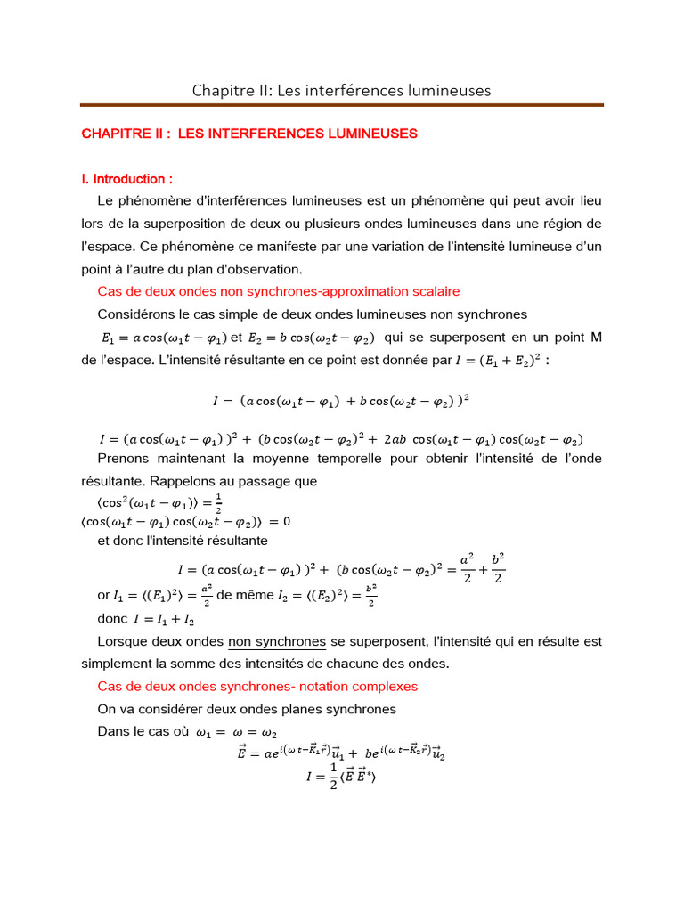 Interférences lumineuses : principes et effets | PDF | Cohérence ...