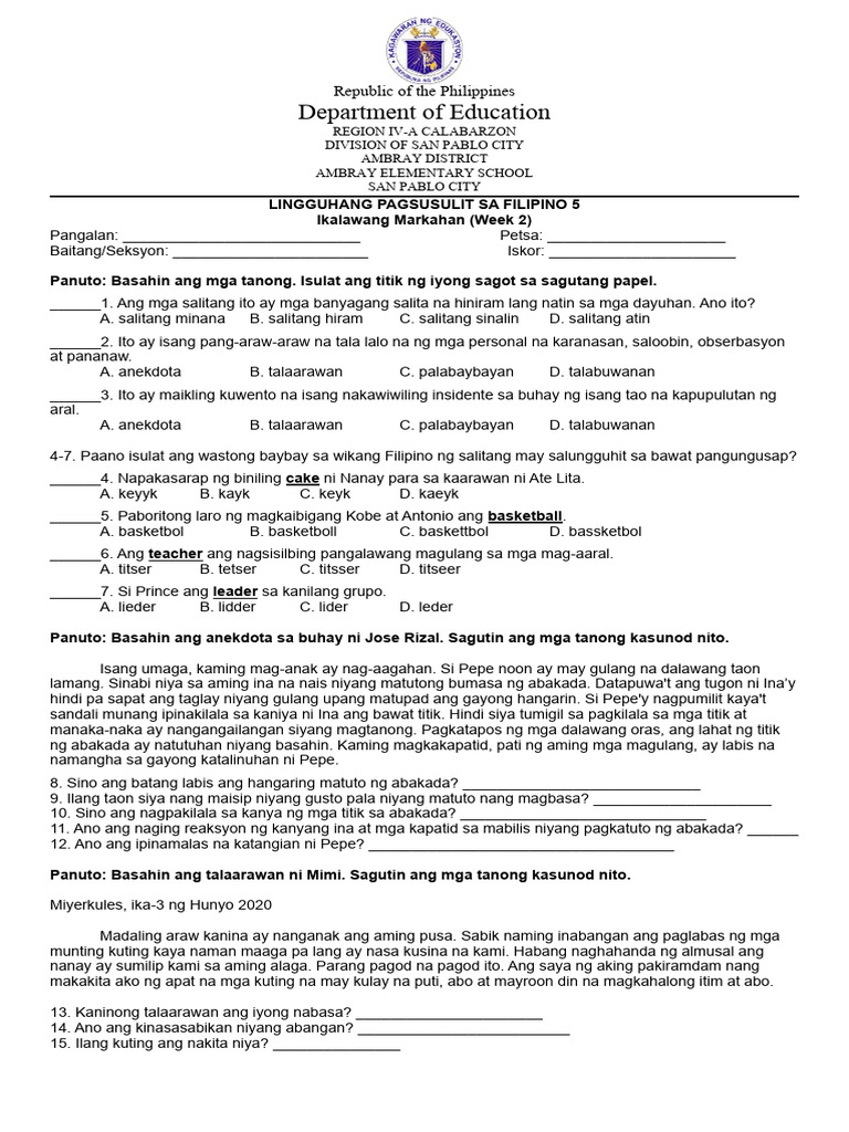 Lingguhang Pagsusulit Sa Filipino Q2 W1 | PDF