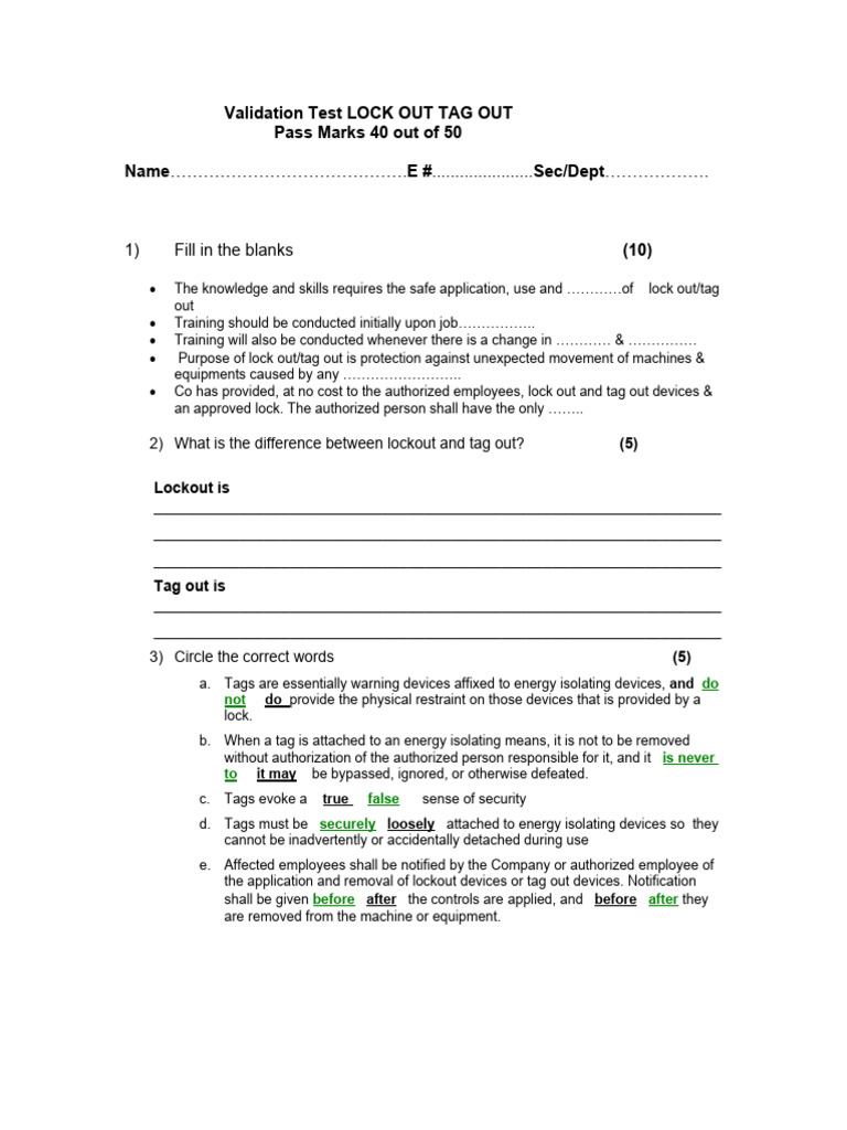 Validation Test LOCK OUT TAG OUT | PDF | Lockout (Industry) | Equipment