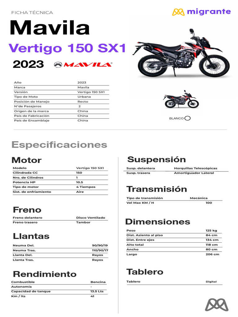 Ficha T Cnica Mavila Vertigo 150 SX1 Migrante | PDF