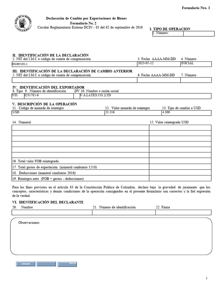 DECLARACION DE CAMBIO EXPORTACION Formulario2 | PDF
