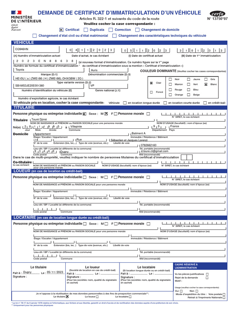 Demande de Certificat D'Immatriculation D'Un Véhicule: Cerfa | PDF | Location