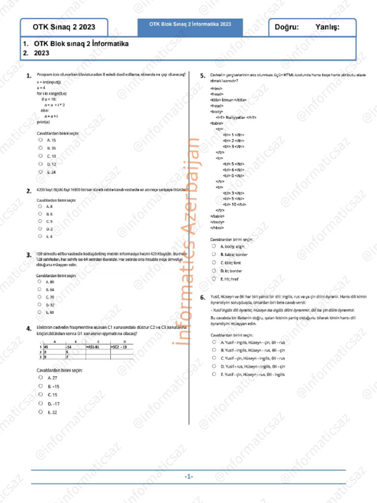 OTK Blok Sınaq 2 İnformatika 2023 | PDF