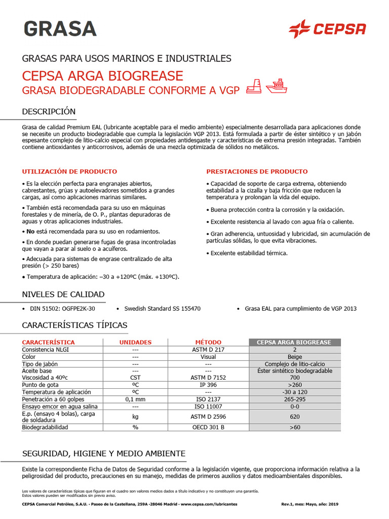 Grasa Biodegradable CEPSA ARGA BioGrease | PDF | Materiales | Química