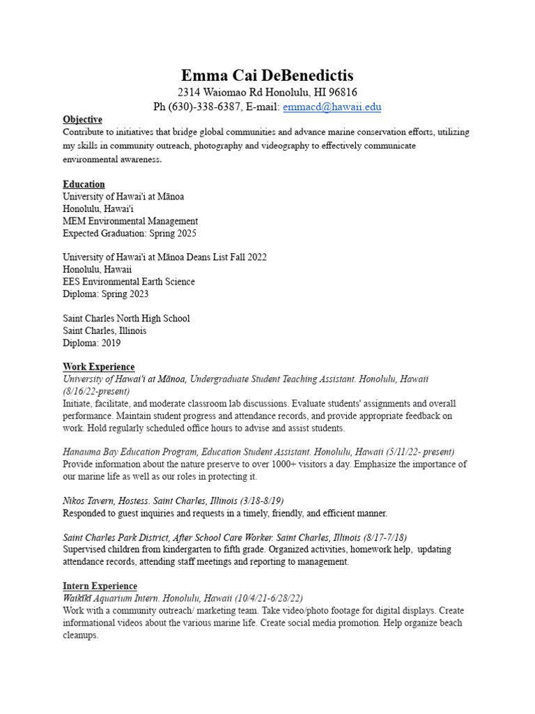 Emma Debenedictis Resume Updated 1 | PDF | Hawaii | Honolulu