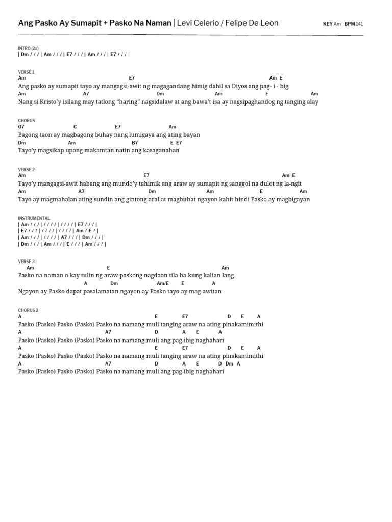 Ang Pasko Ay Sumapit + Pasko Na Naman Chord Chart (Am) (141) - Chord ...