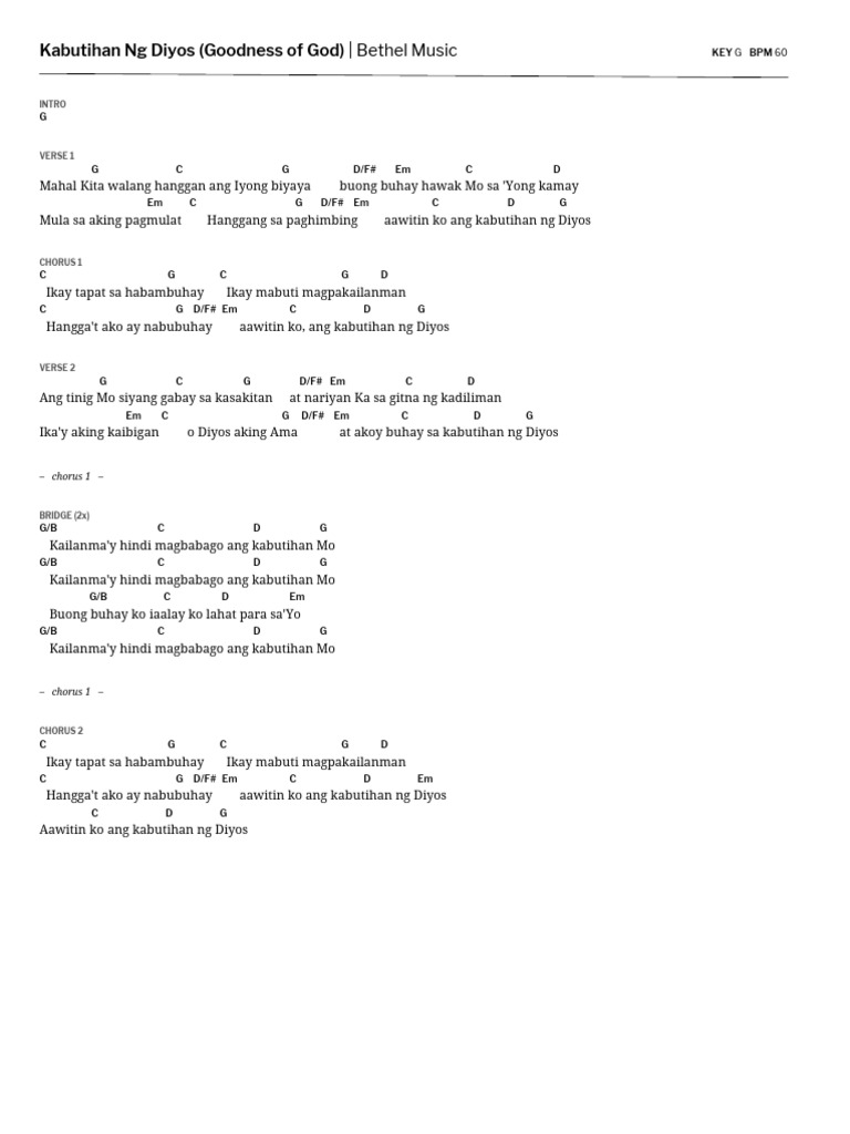 Kabutihan NG Diyos (Goodness of God) (G) (60) - Chord Chart | PDF
