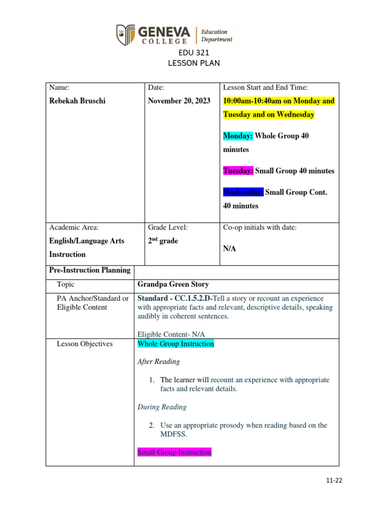 2nd Grade Lesson Plan: Grandpa Green | PDF | Cognition | Cognitive Science