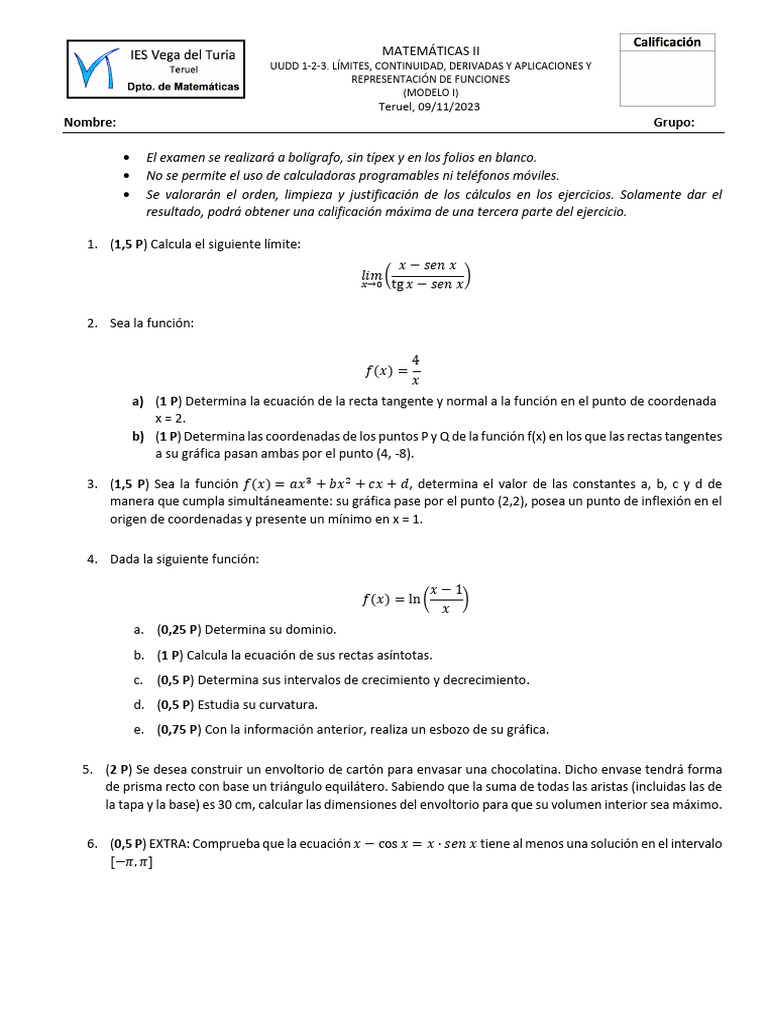 Examen Uudd 1-2-3. Límites, Derivadas y Funciones I | PDF | Ecuaciones ...