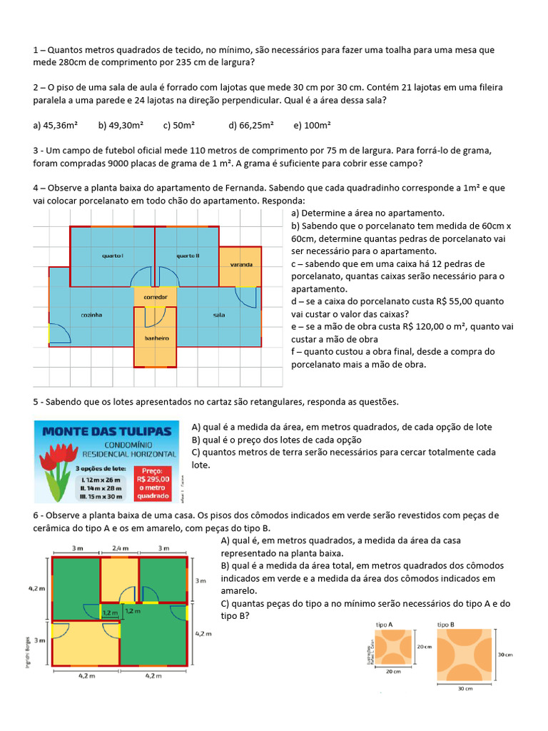 Revisão 6° Ano - Medidas de Area Ficha 1 | PDF