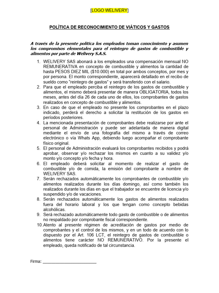 Política de Reconocimiento de Viáticos | PDF