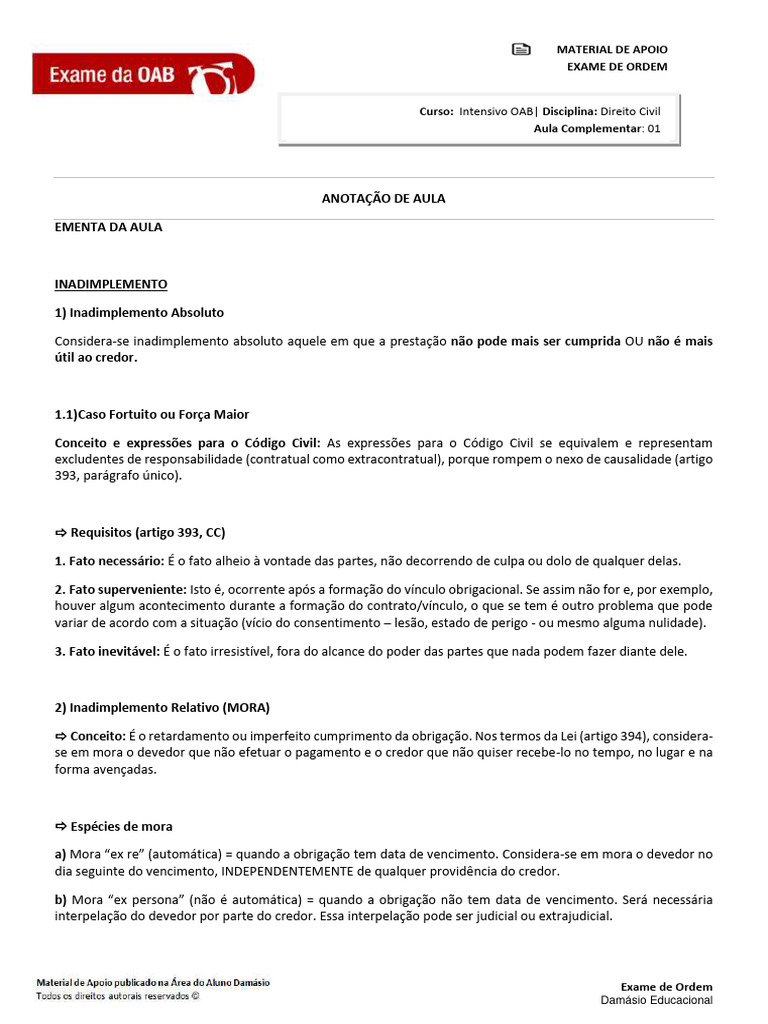 Aula Complementar - Direito Civil - Aula 01 - Inadimplemento - Prof. Ralpho Monteiro | PDF