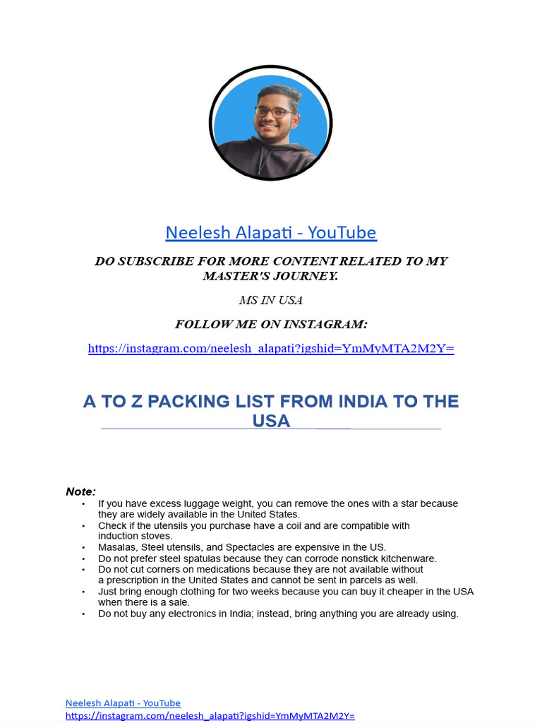 Neelesh A TO Z PACKING LIST - USA | PDF | Kitchen Utensil | Cooking