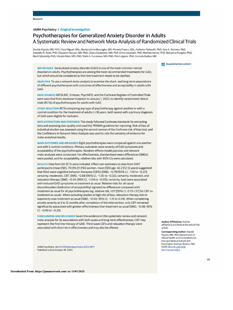 Psychotherapies For Generalized Anxiety Disorder in Adults: A ...