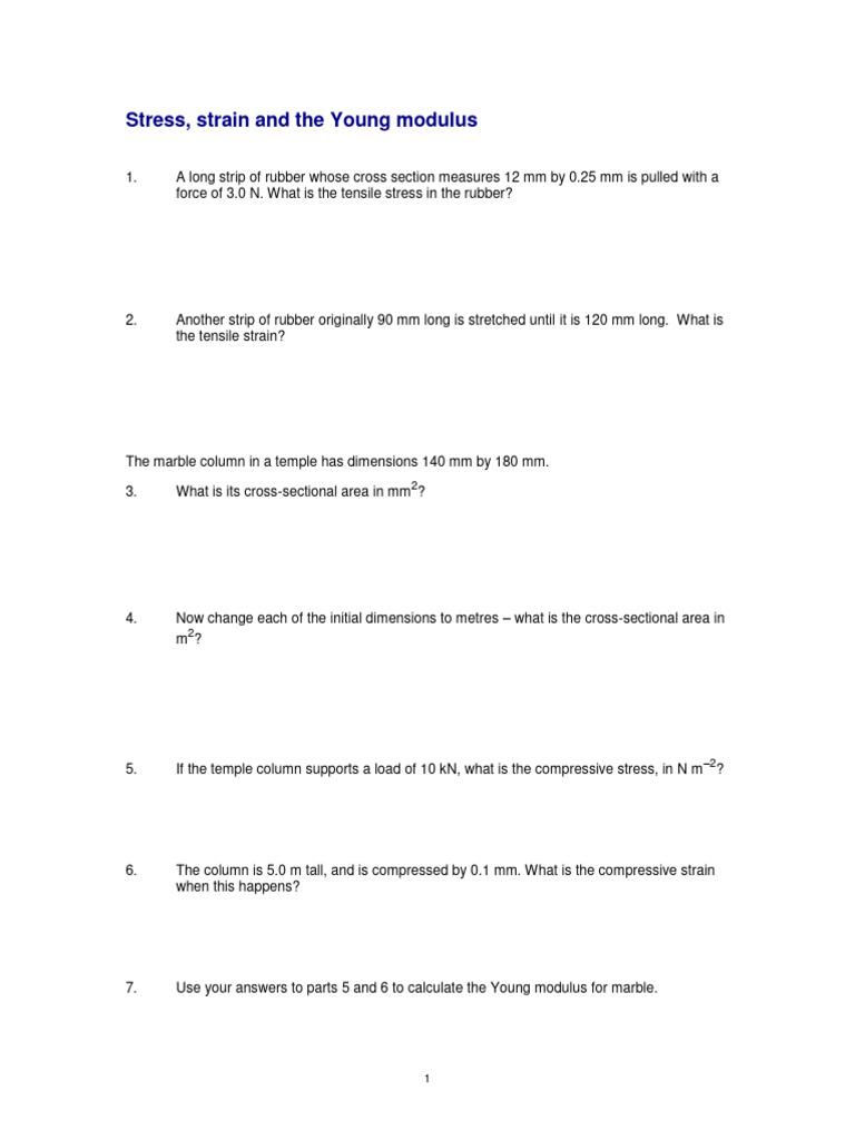 Stress, Strain, and Young's Modulus Calculations | PDF | Deformation (Engineering) | Stress ...