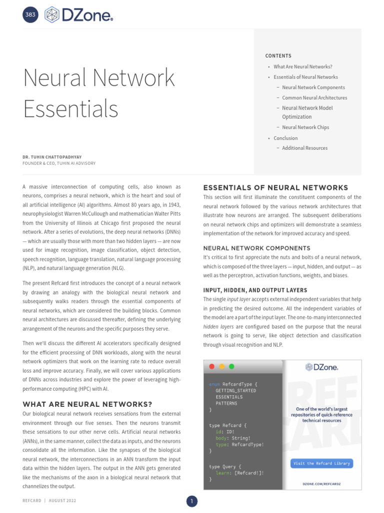 House Dzone Refcard 383 Neural Network Essentials | PDF | Artificial Neural Network | Deep Learning