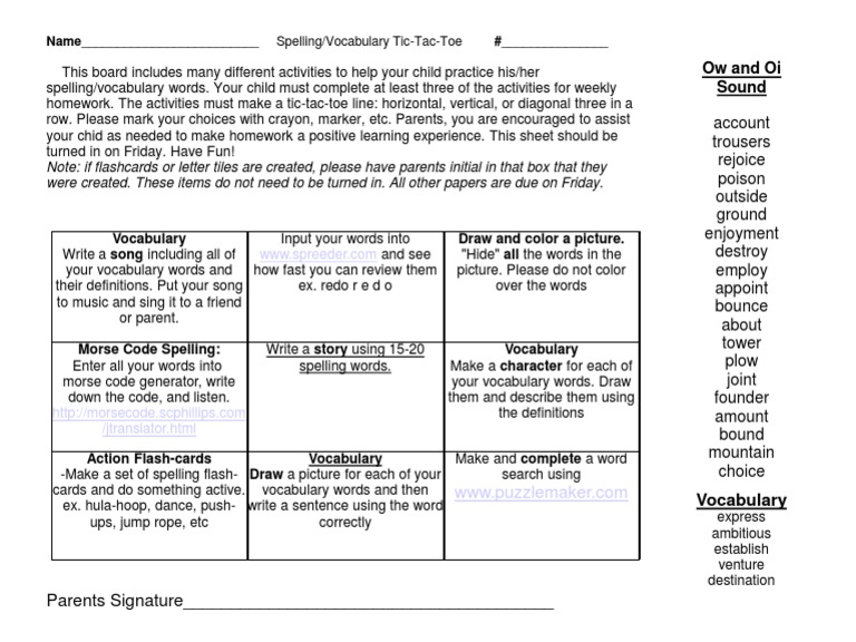 Spelling/Vocabulary Tic-Tac-Toe Activities | PDF