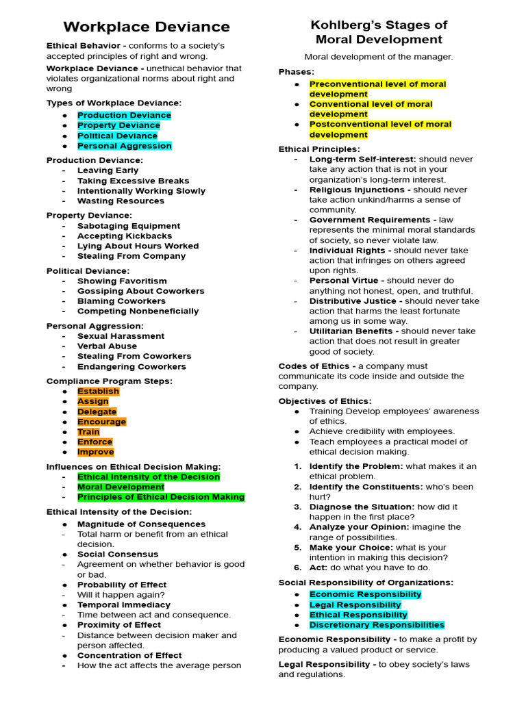 Workplace Deviance: Kohlberg's Stages of Moral Development | PDF