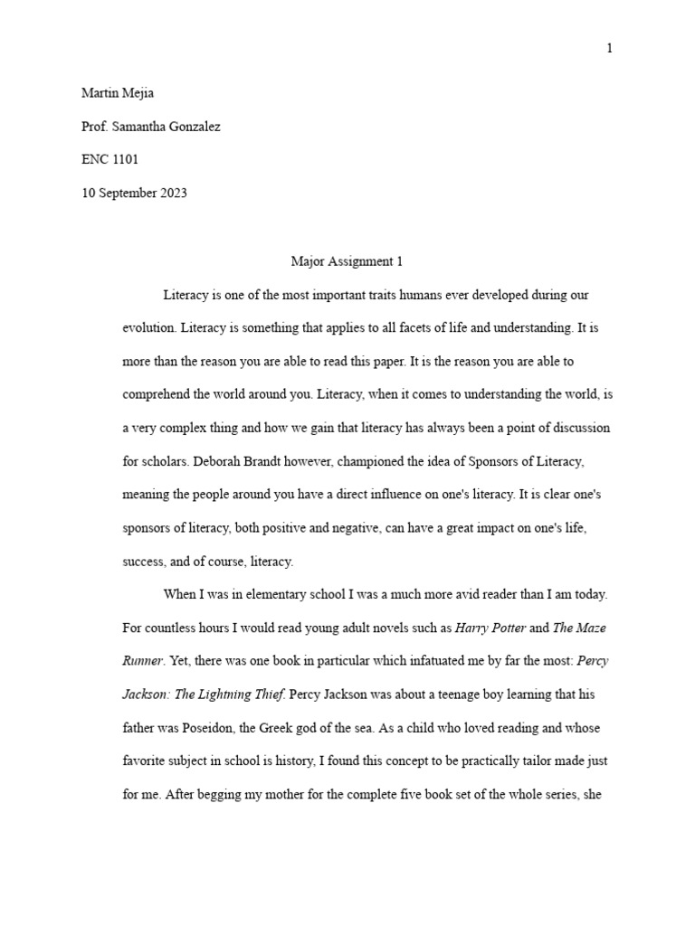 Major Assignment 1 | PDF | Literacy | Teachers