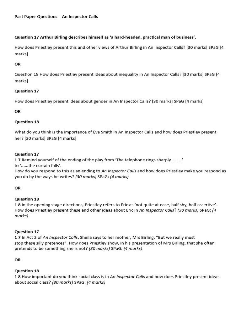 AQA Past Paper Questions: An Inspector Calls | PDF | Plays