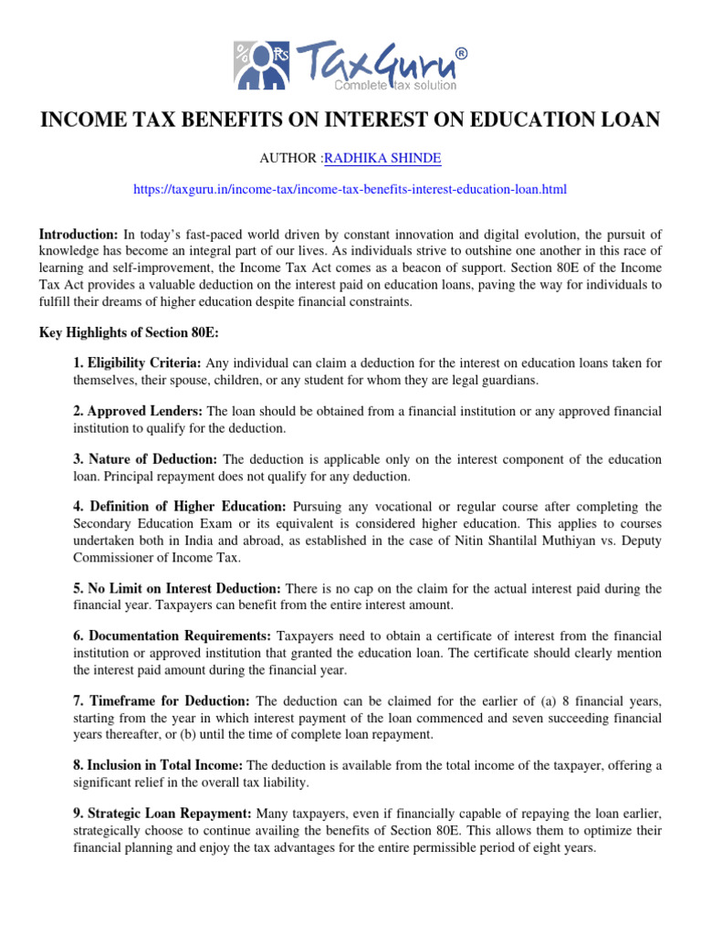 Income Tax Benefits On Interest On Education Loan - Taxguru - in | PDF ...