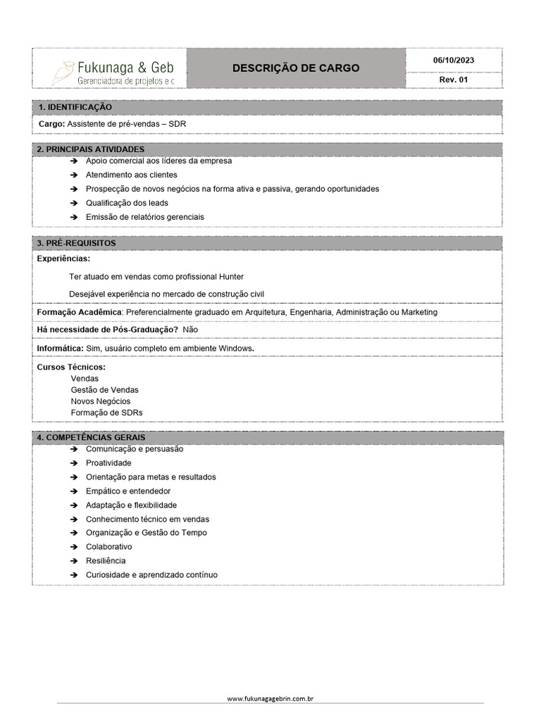 Descrição do Cargo: Assistente SDR | PDF | Negócios