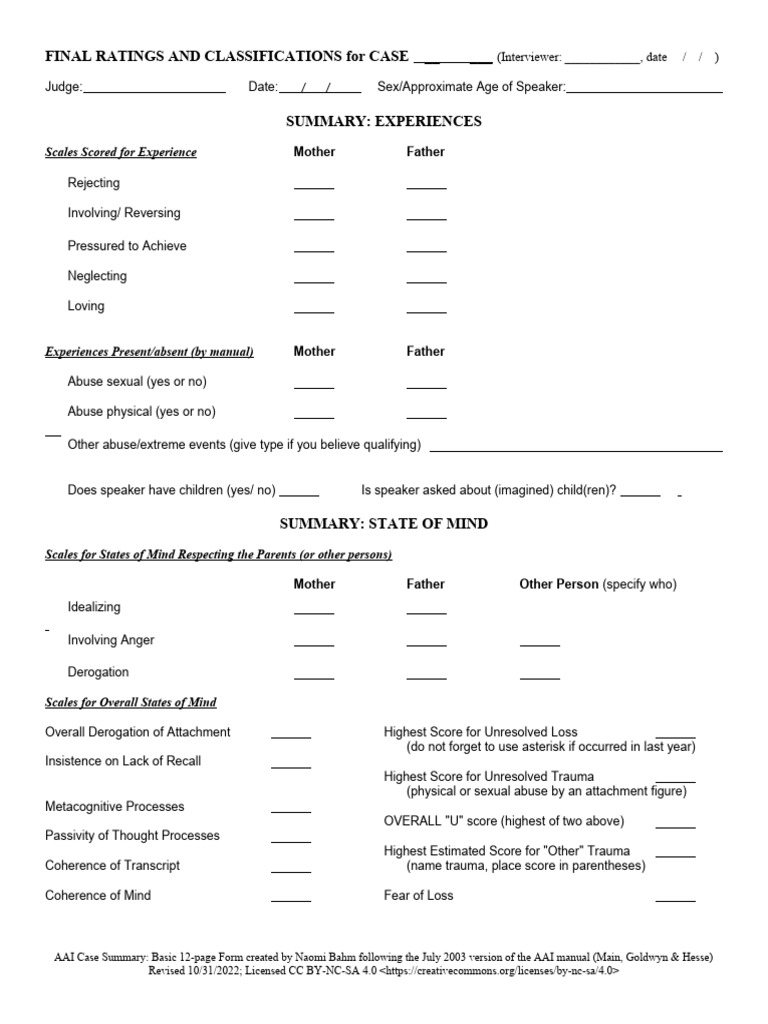 Aai Long Summary Form | PDF | Attachment Theory | Psychological Trauma Aai Long Summary Form | PDF | Attachment Theory | Psychological Trauma