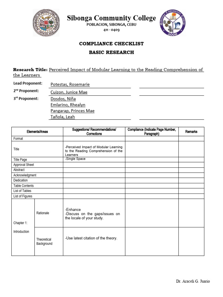 SCC Compliance Checklist 1 | PDF | Theory | Science