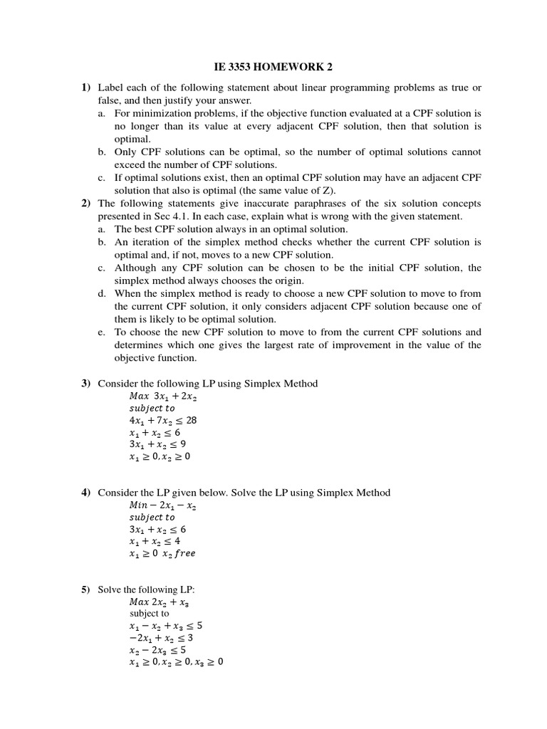 IE 3353 Homework 2 | PDF | Linear Programming | Mathematics Of Computing